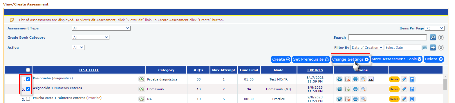 Editing Assessment Settings